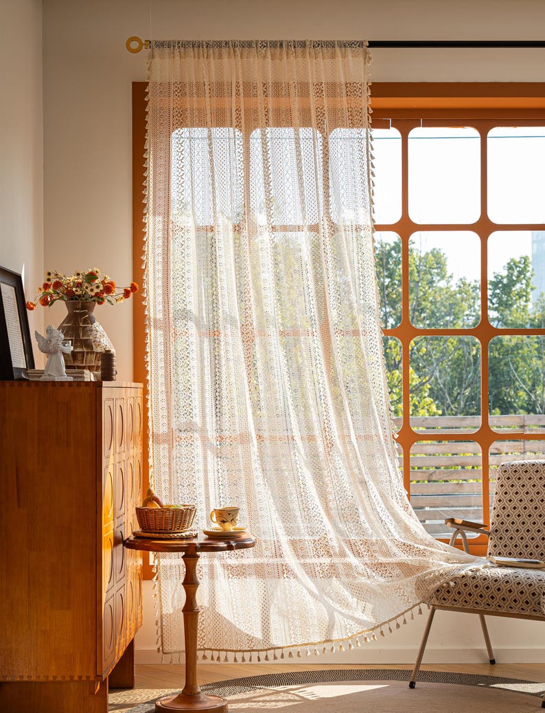 Boho Beige Crochet Lace Flower Curtains, Farmhouse Light Filtering ...