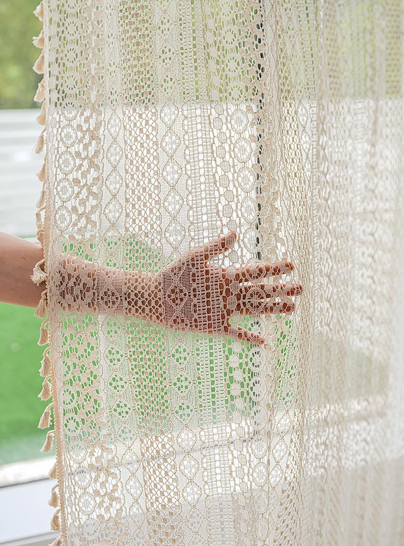 Boho Chic Beige Crochet Lace Flower Curtain, Farmhouse Light Filtering ...