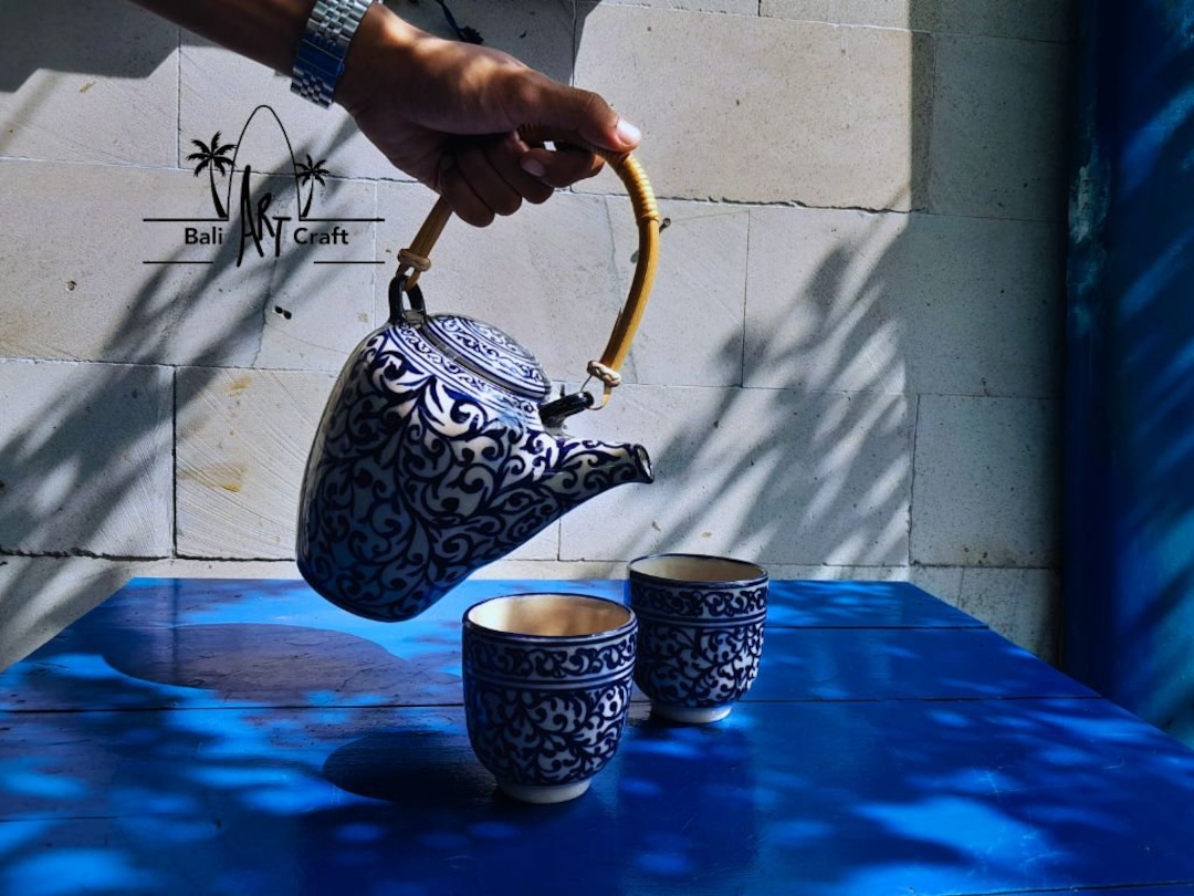Handmade Ceramic Teapot Set: Blue Batik Design, Rattan Handle - Etsy