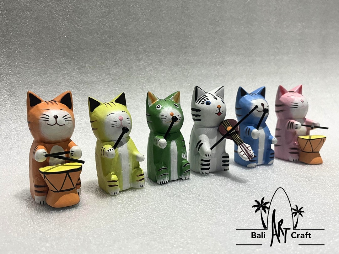 Miniature Musician Cat Figures Art Serries Wood Craved Cat Playing ...