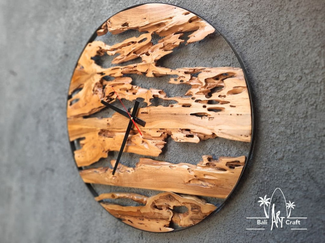 Rustic Teak Wood Wall Clock: Large Metal Frame, Unique Wood Art - Etsy