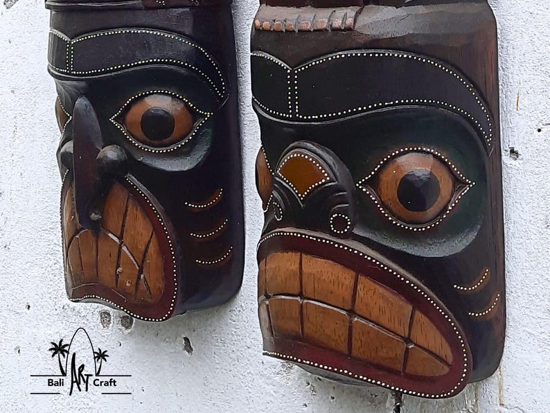 Carved Wood Totem Masks: Tribal Dark Carved Bird & Spirit Wall Decor ...