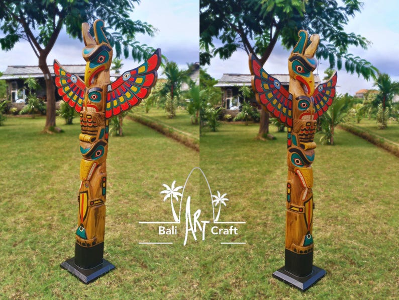 Handmade Wood Totem Pole: 59" Eagle Carving, Antique Color Huge and ...