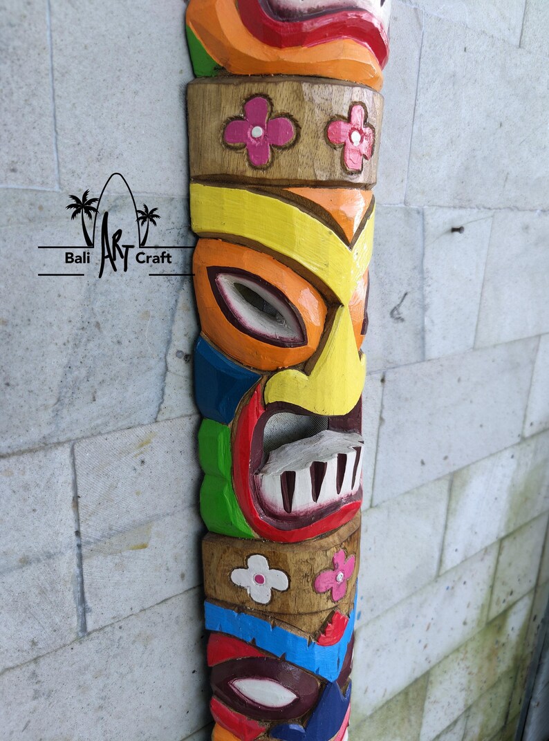 Hand-carved Triple Tiki Mask: 40" Tribal Albesia Wood Totem With 3 ...