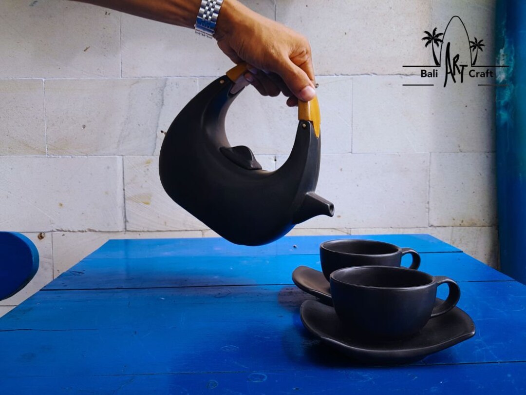 Crescent Moon Teapot Set Black With Wooden Handle Handmade Pottery ...