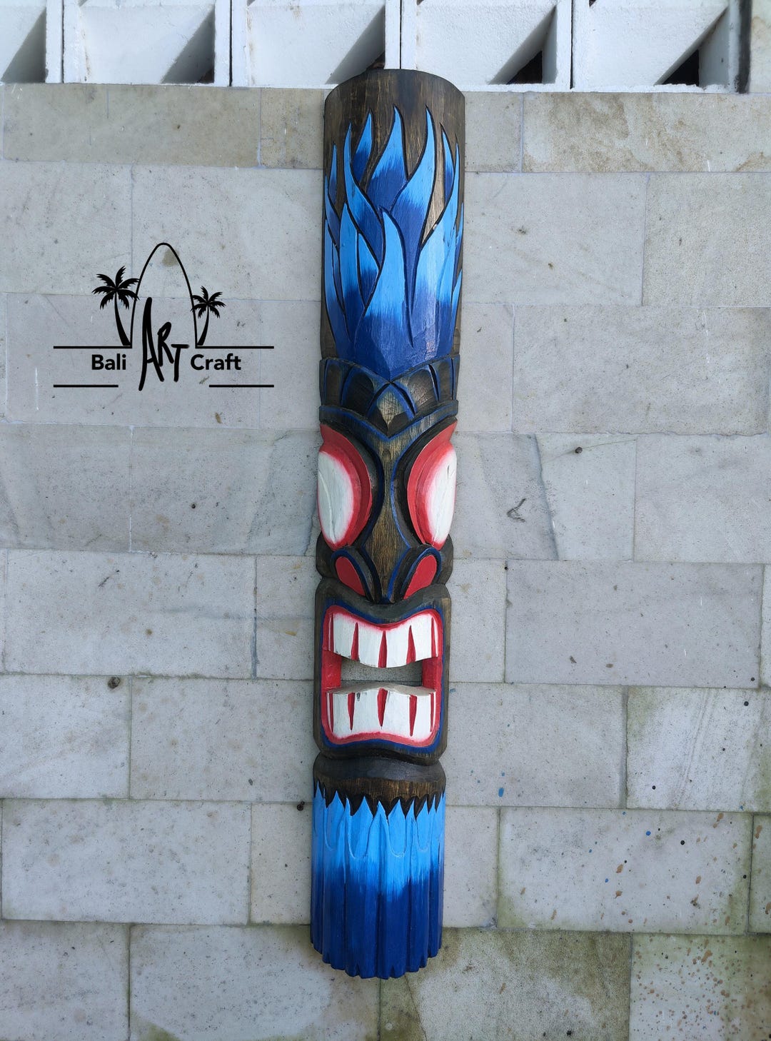 Ocean Flame Tiki Mask – 40” Hand-carved Blue Tribal Wall Art for Tiki ...