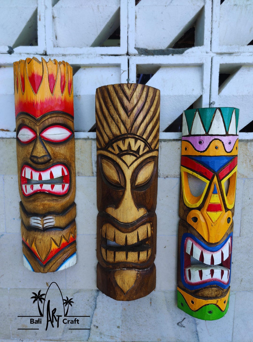 Hand-carved Wooden Tiki Masks – 3-piece 19″ Tribal Wall Decor Set (red ...