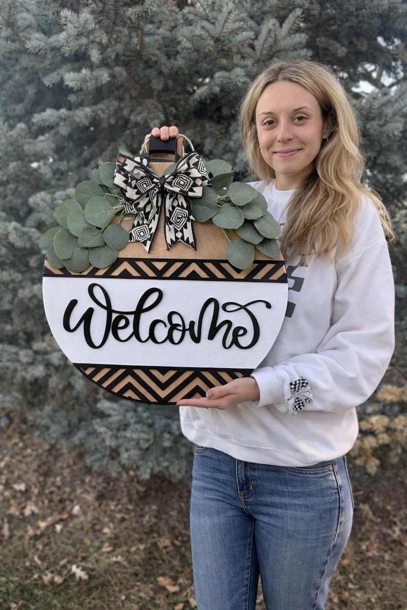 Modern Farmhouse Welcome Sign | Boho Geometric Birch Wood Door Hanger ...