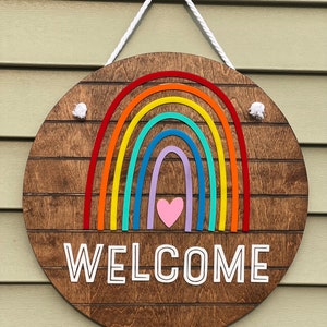 Rainbow Welcome Sign: 3D Acrylic Decor, Birch Wood Door Hanger - Etsy