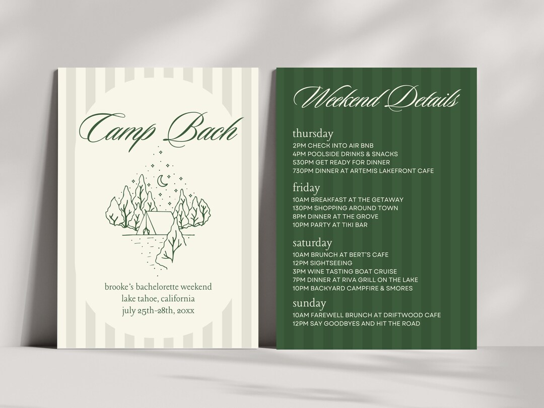 Camp Bach Bachelorette Itinerary Invitation Template, Camping Hiking ...