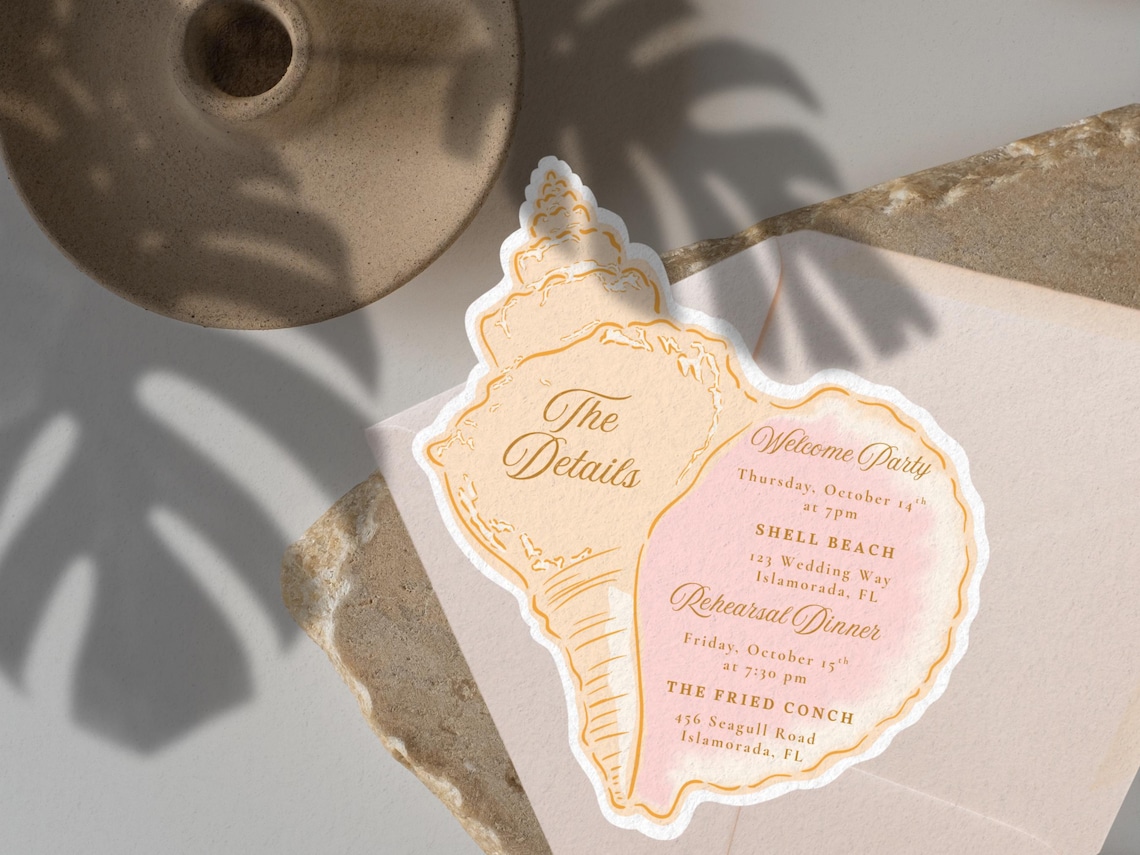 Conch Shell Details Card Template, Cut Out Shell Card for Wedding ...