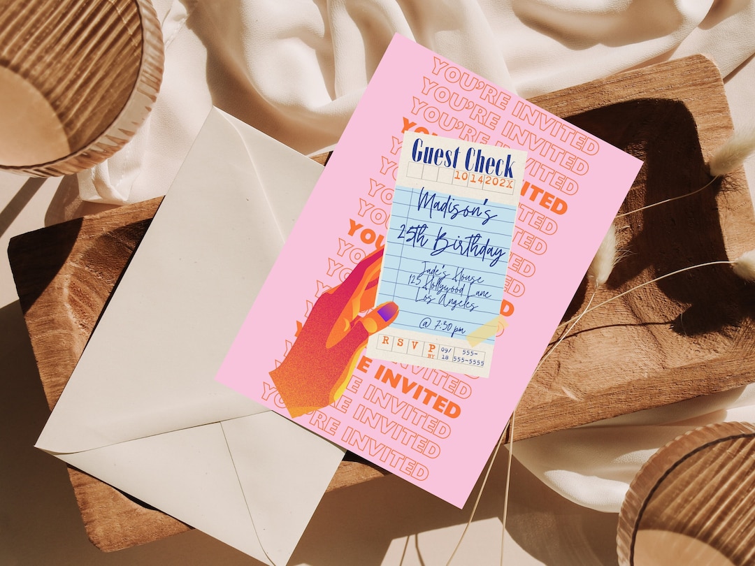 Guest Check Birthday Invite Template, Editable Pink Personalized ...
