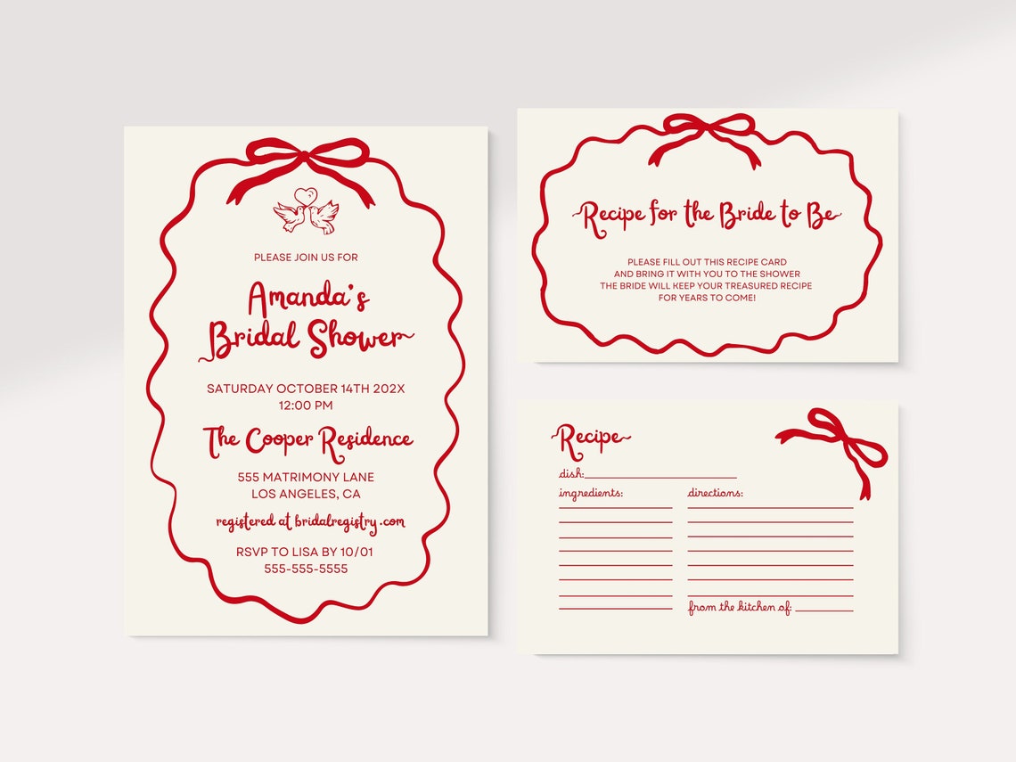 Bridal Shower Recipe Card Template, Red Bow Bridal Shower Recipe Card ...