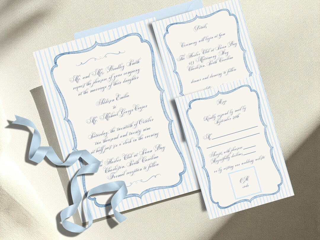 Watercolor Striped Wedding Invitation, Elegant Formal Wedding Suite ...