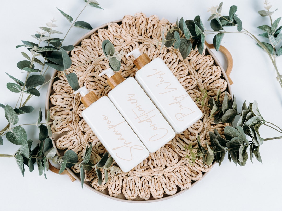 Bamboo & White, Square Shampoo and Conditioner Bottles, Refillable ...