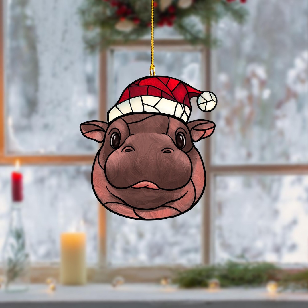 Moo Deng Christmas Ornament, Cute Hippo Moo Deng Window Hanging Art ...