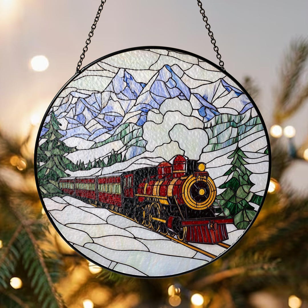 Christmas Train Mountain Range Suncatcher Stained Glass, Winter Hgws ...