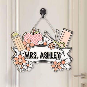 Personalized Teacher Name Door Sign, Floral Apple Classroom Decor, Back ...