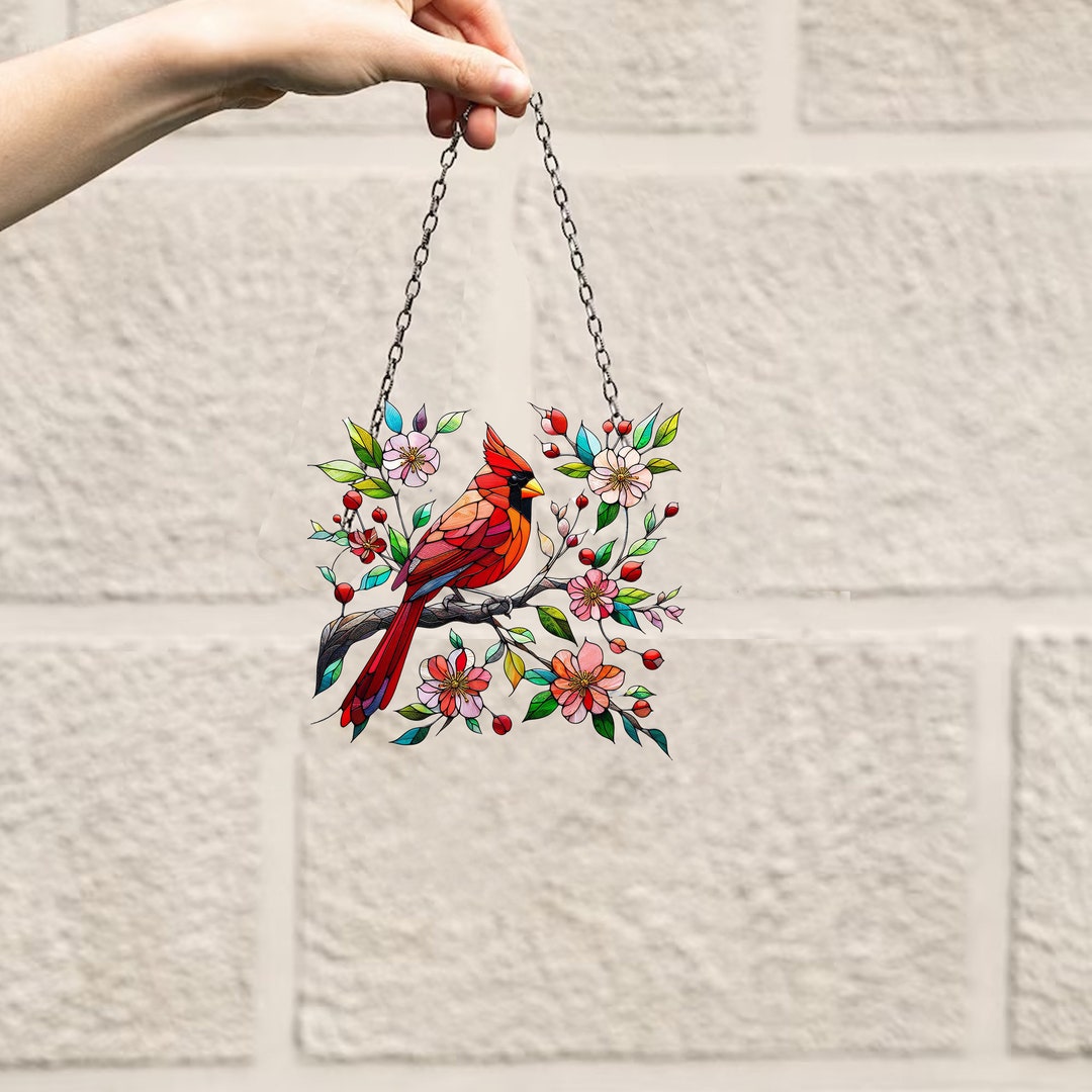 Cardinal Window Decor, Acrylic Cardinal With Flowers Window Hangings ...