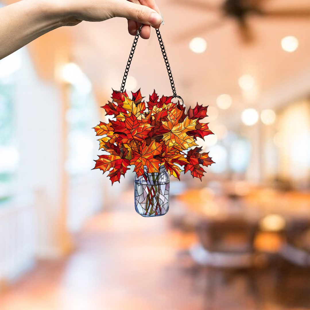 Autumn Leaves Window Decor, Flowers Acrylic Window Hanging Art ...