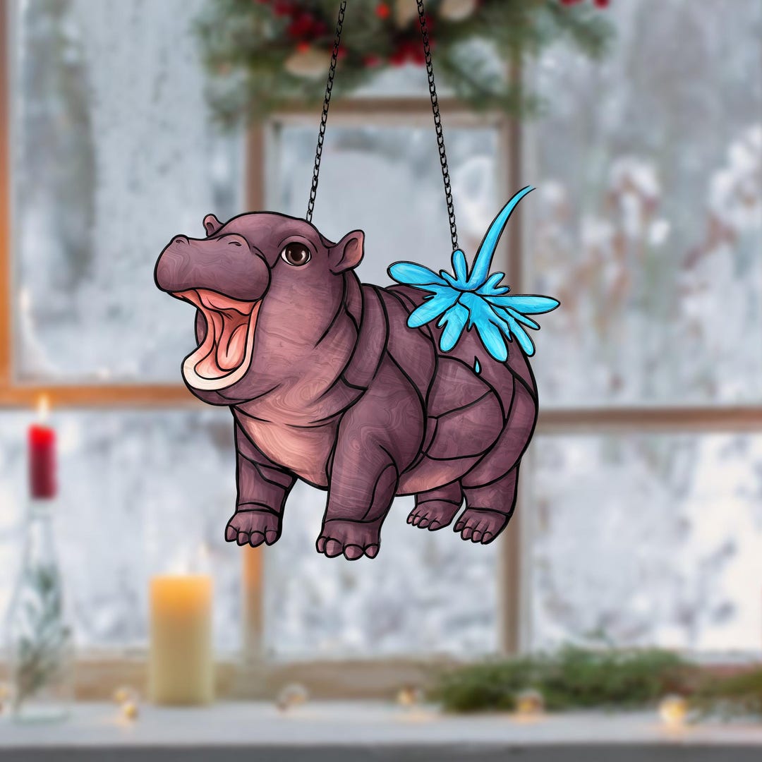 Moo Deng Christmas Ornament, Cute Hippo Moo Deng Window Hanging Art ...
