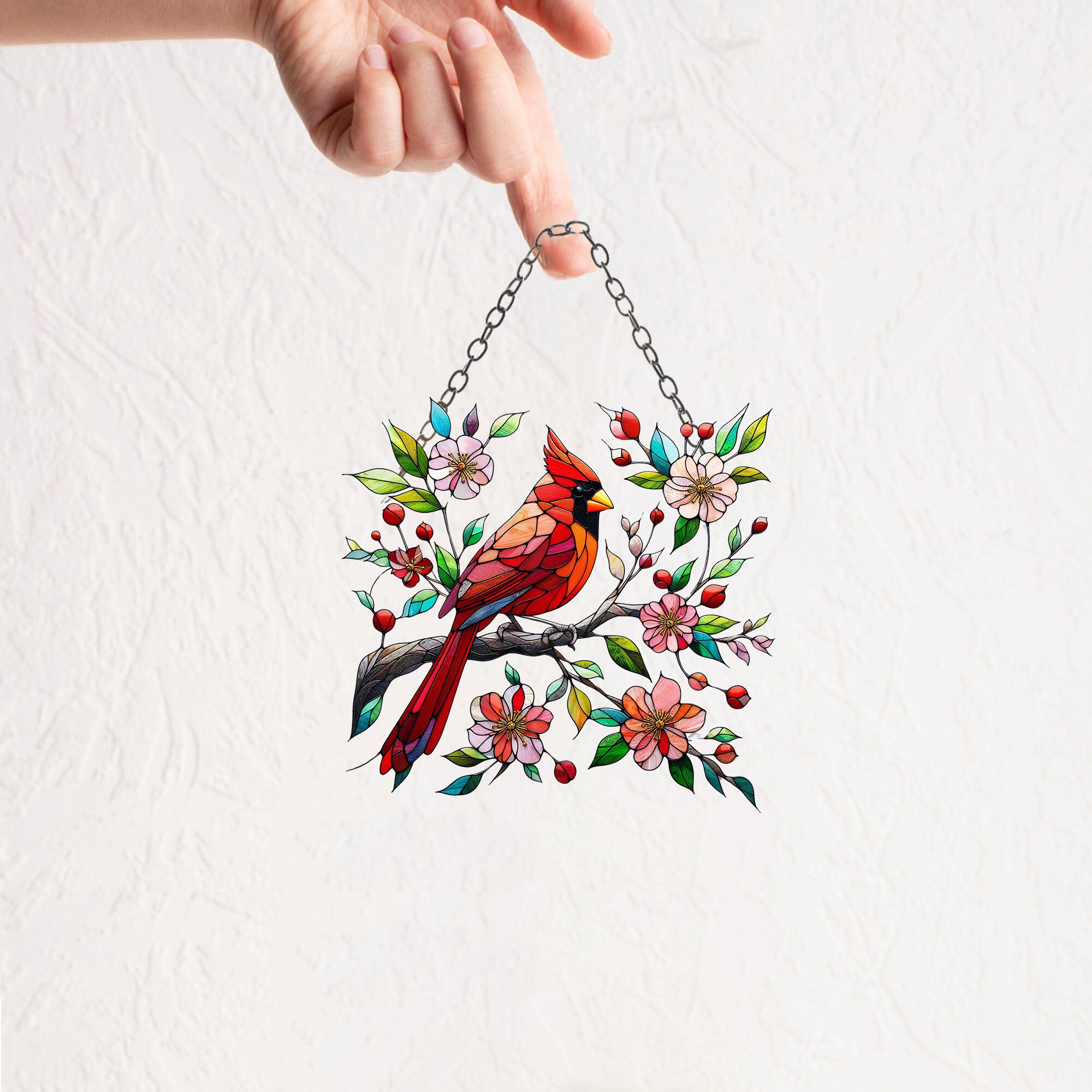 Cardinal Window Decor, Acrylic Cardinal With Flowers Window Hangings ...