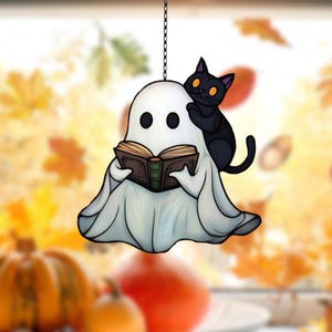 Ghost Reading Book With Black Cats Acrylic Window Decor, Spooky Reader ...