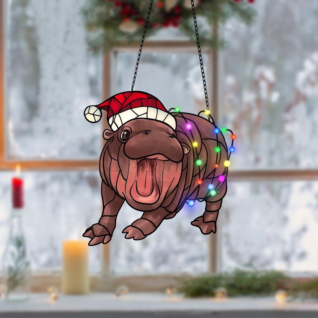 Moo Deng Christmas Ornament, Cute Hippo Moo Deng Window Hanging Art ...