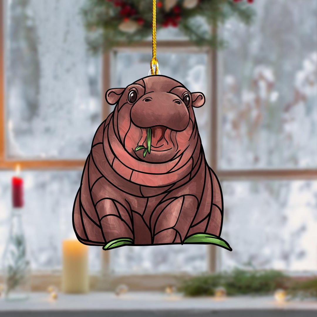 Moo Deng Christmas Ornament, Cute Hippo Moo Deng Window Hanging Art ...