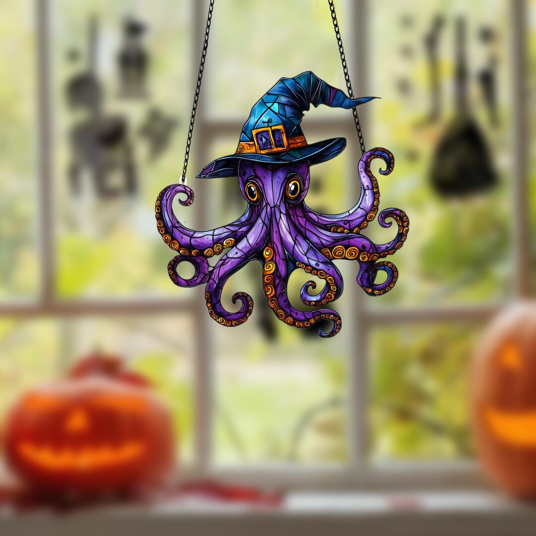 Halloween Octopus Acrylic Window Decor, Purple Octopus Decor, Witch ...