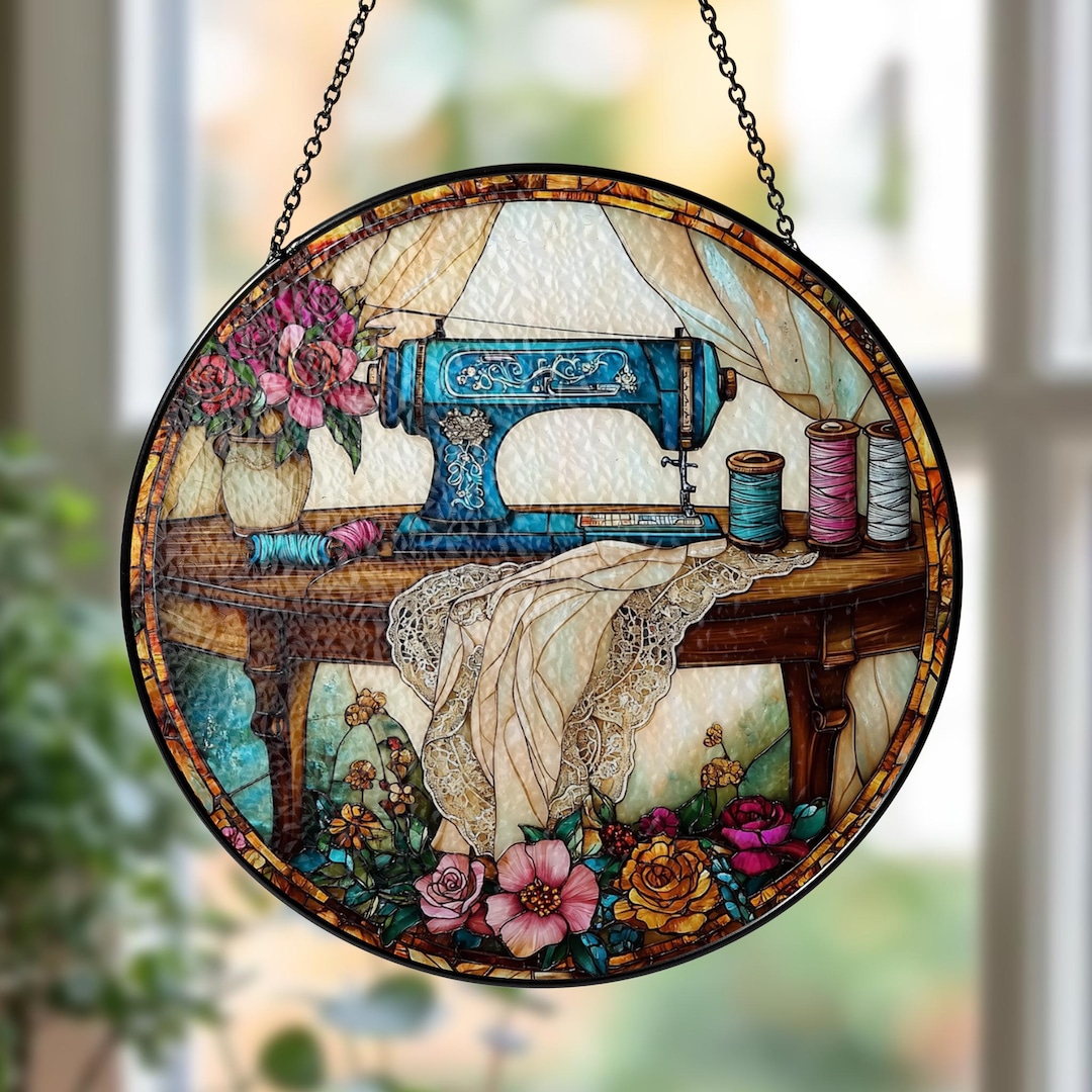 Custom Name Sewing Machine Stained Glass Suncatcher: Wildflower Decor ...