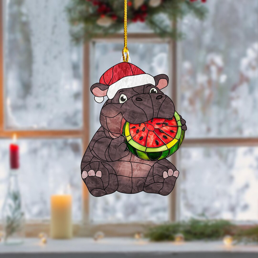Moo Deng Eats Watermelon Christmas Ornament, Cute Hippo Moo Deng Window ...