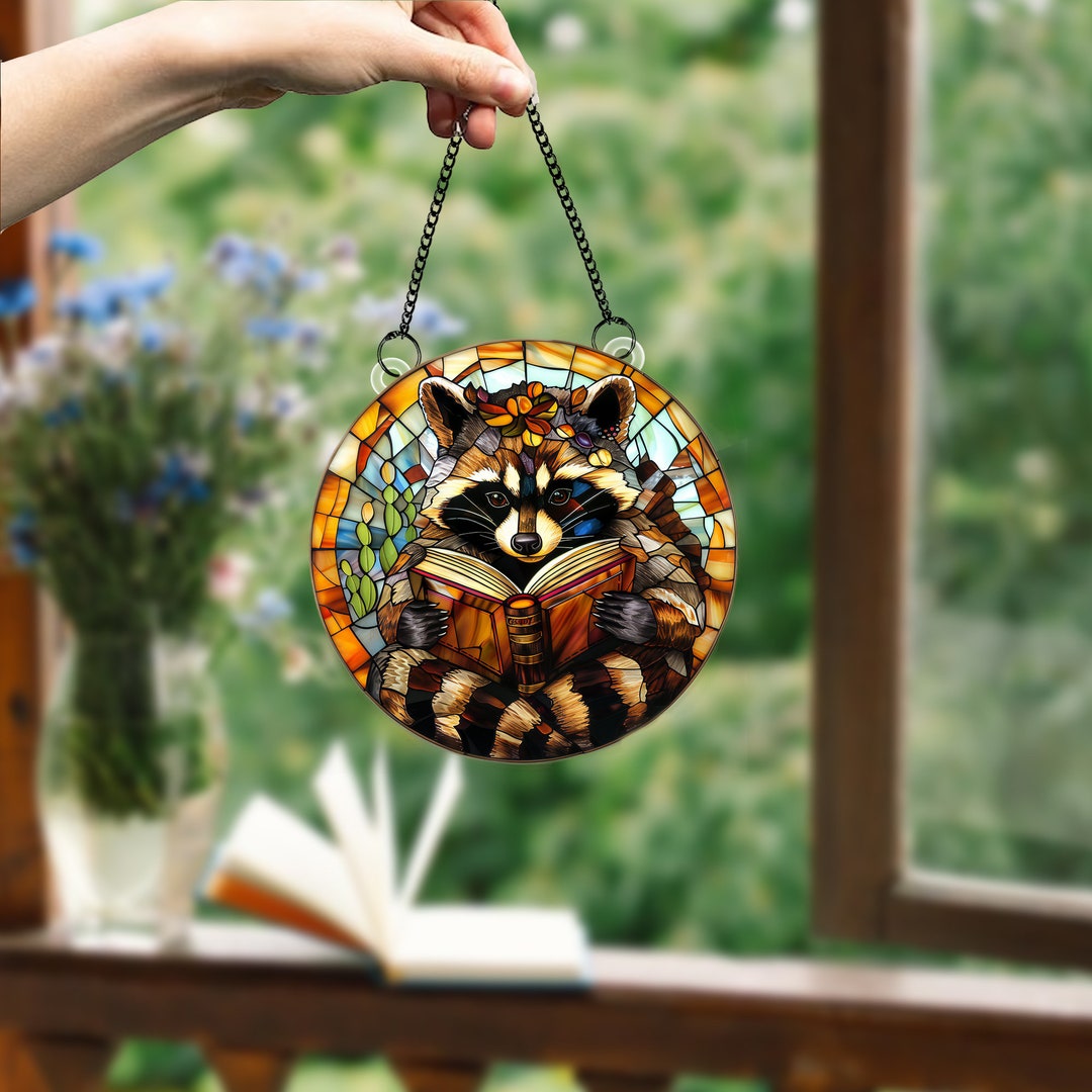 Racoon ACRYLIC Window Hanging, Racoon Reads Book Window Hanging Art ...