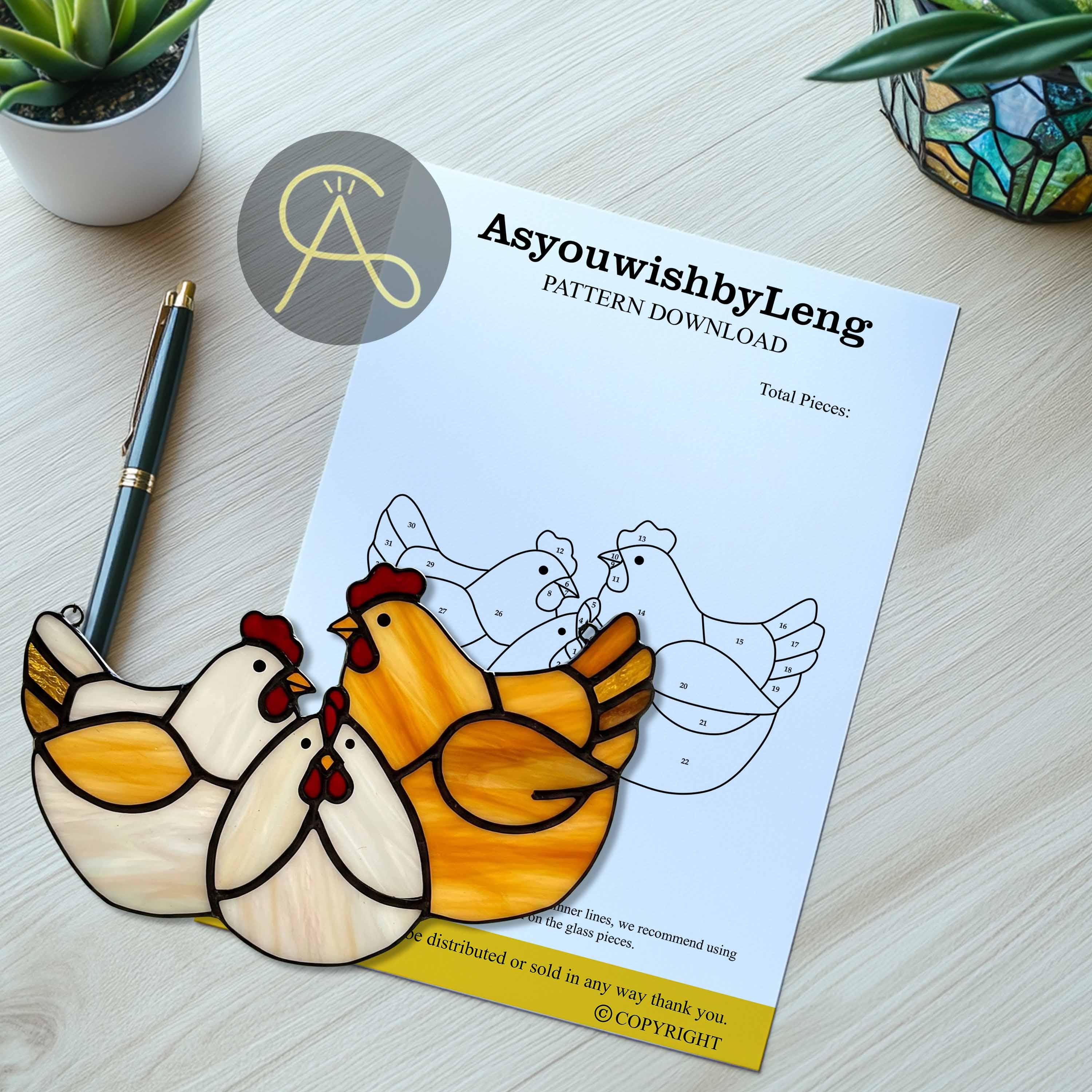 Hen and Rooster Stained Glass Pattern: Farmhouse Decor (digital ...