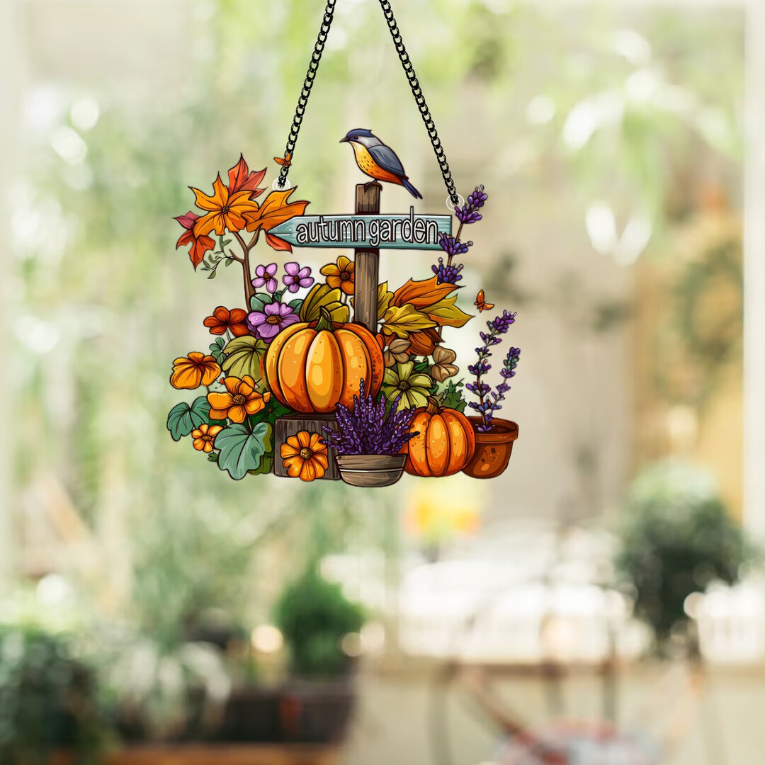 Autumn Garden Window Decor, Flowers Acrylic Window Hanging Art ...