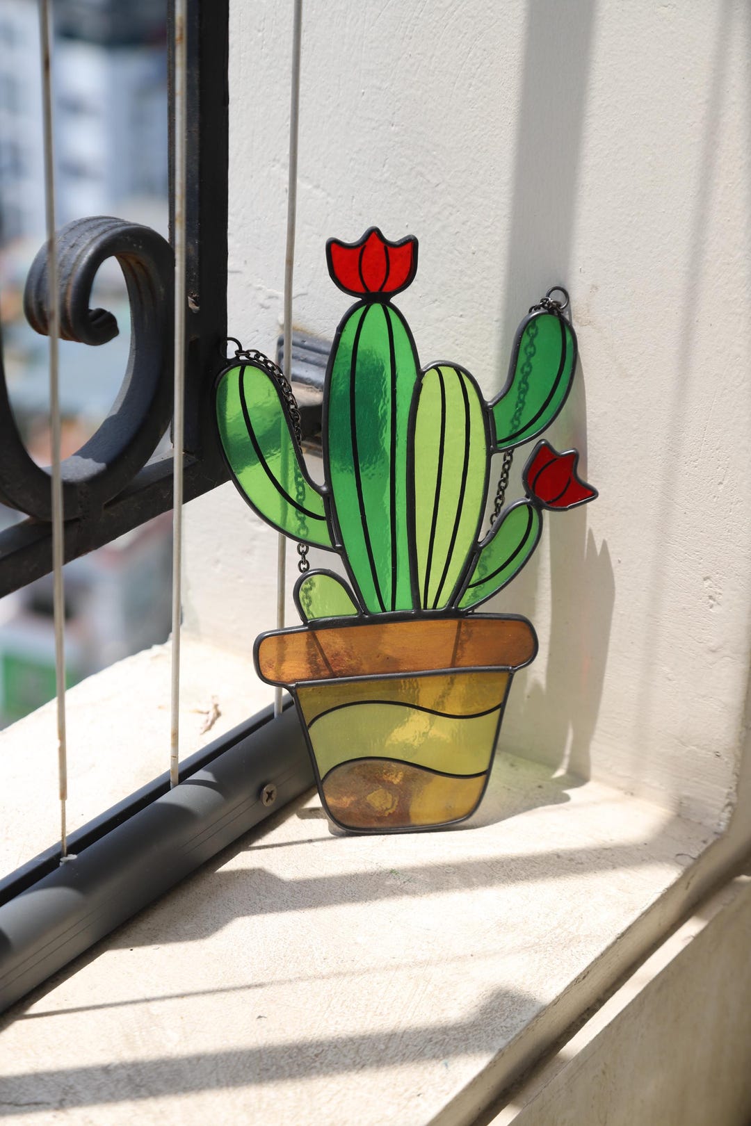 Stained Glass Cactus, Glass Suncatcher, Nature Leaves Decor, Plant ...