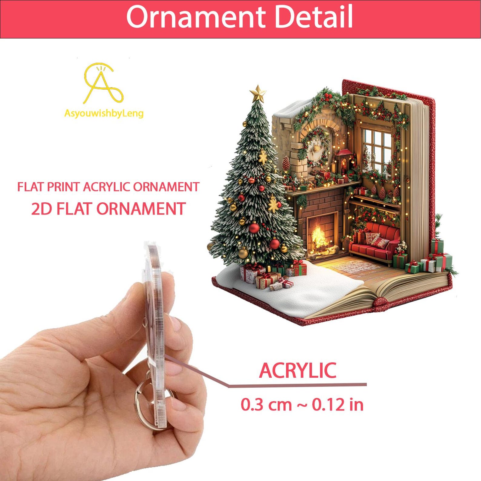Christmas Book 2D Flat Acrylic Ornament Not 3D, Book Christmas Tree ...