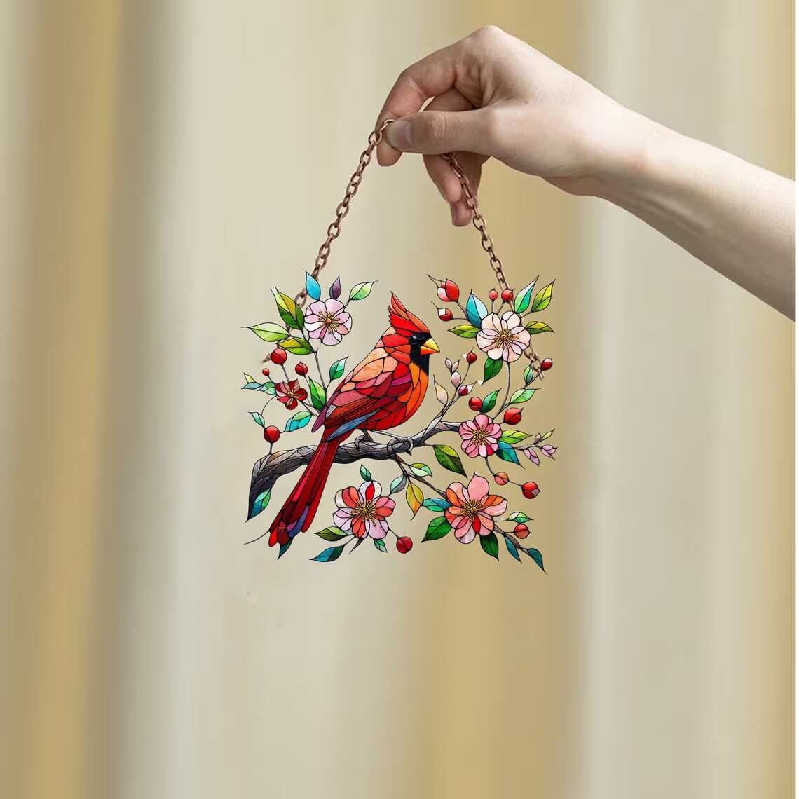 Cardinal Window Decor, Acrylic Cardinal With Flowers Window Hangings ...