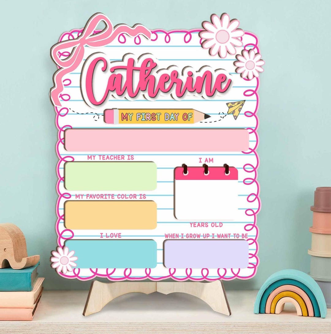 Custom First Day of School Sign: Preppy Name Bow, Interchangeable ...