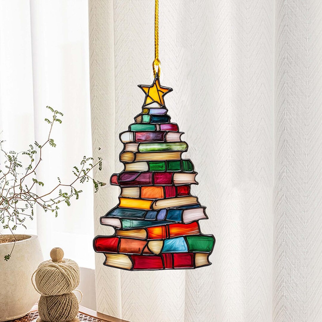 Christmas Book Tree Acrylic Window Hangings, Christmas Tree Bookish ...