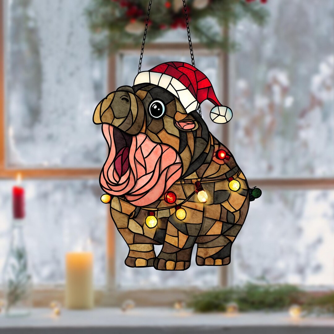 Moo Deng Christmas Ornament, Cute Hippo Moo Deng Window Hanging Art ...