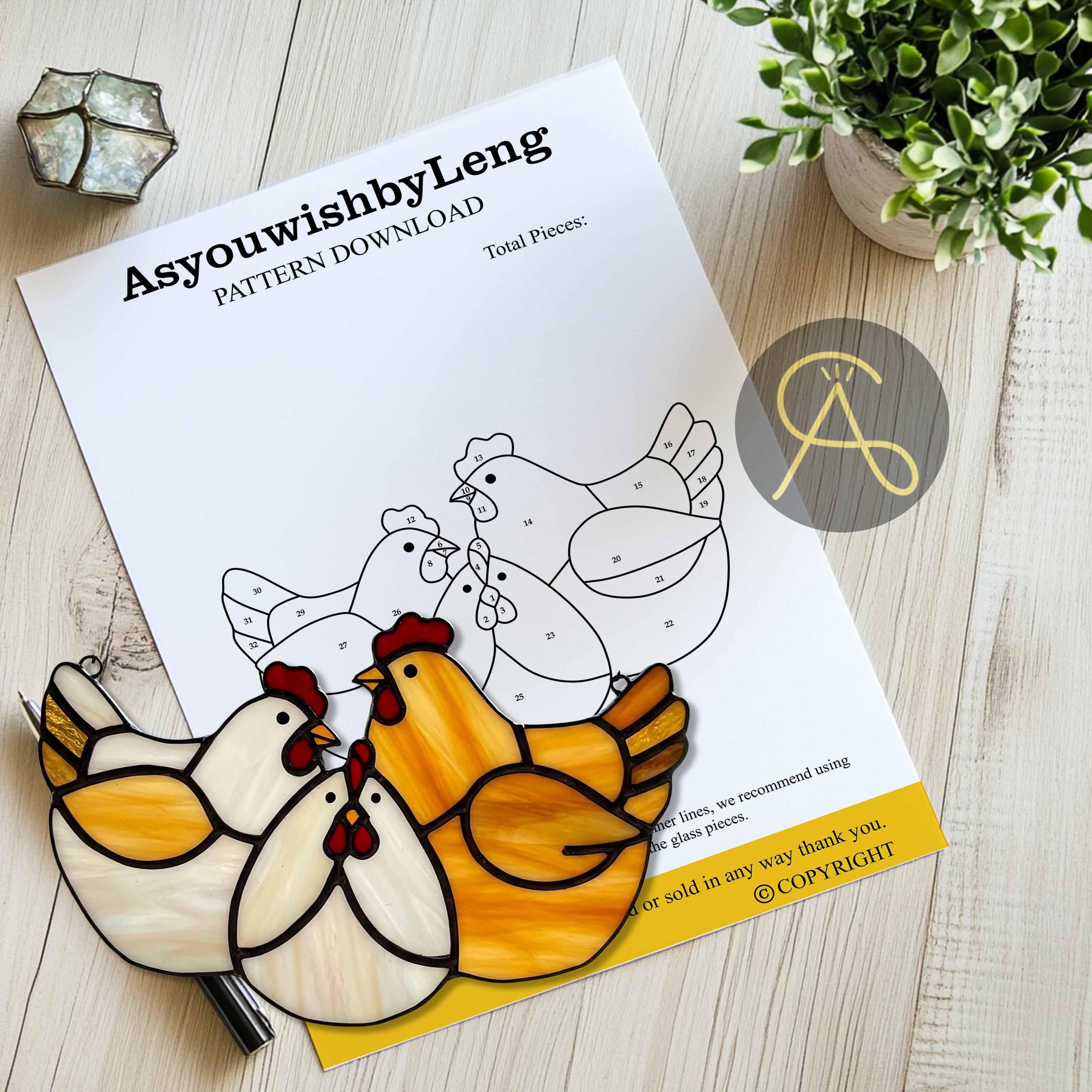 Hen and Rooster Stained Glass Pattern: Farmhouse Decor (digital ...