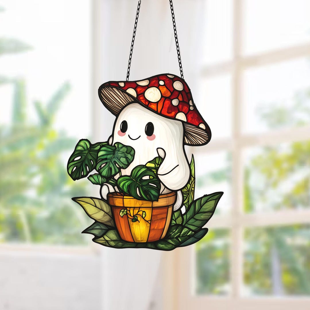 ACRYLIC Cute Ghost Plant Suncatcher, Ghost and Monstera Decor, Mushroom ...