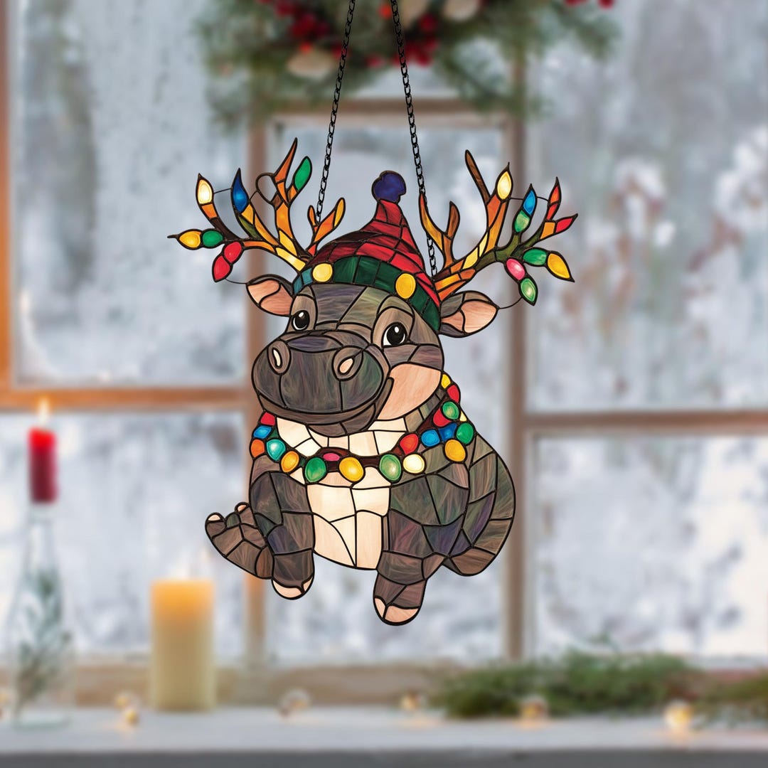 Moo Deng Christmas ACRYLIC Window Hanging, Cute Hippo Moo Deng Window ...