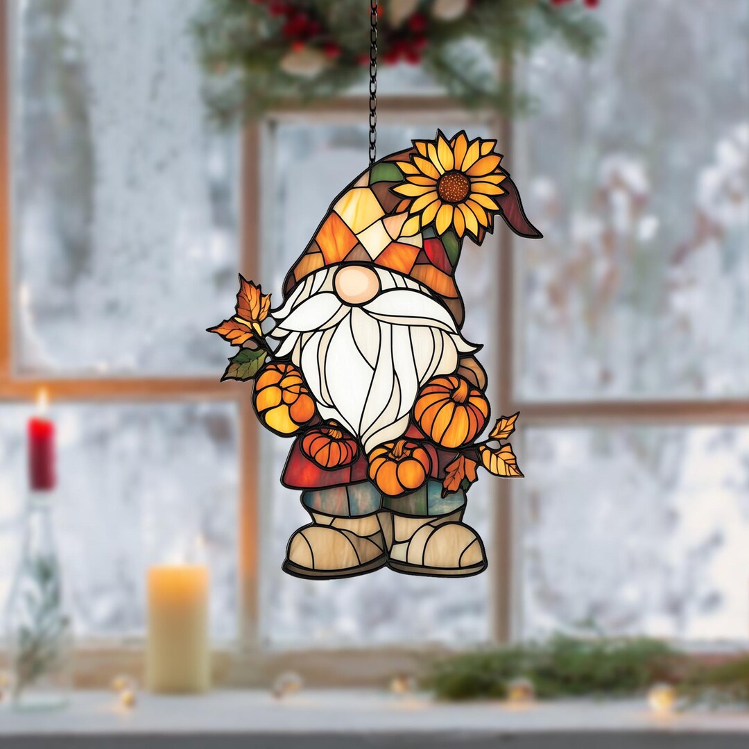 Autumn Leaves Window Decor, Gnome Acrylic Window Hanging Art Decoration ...