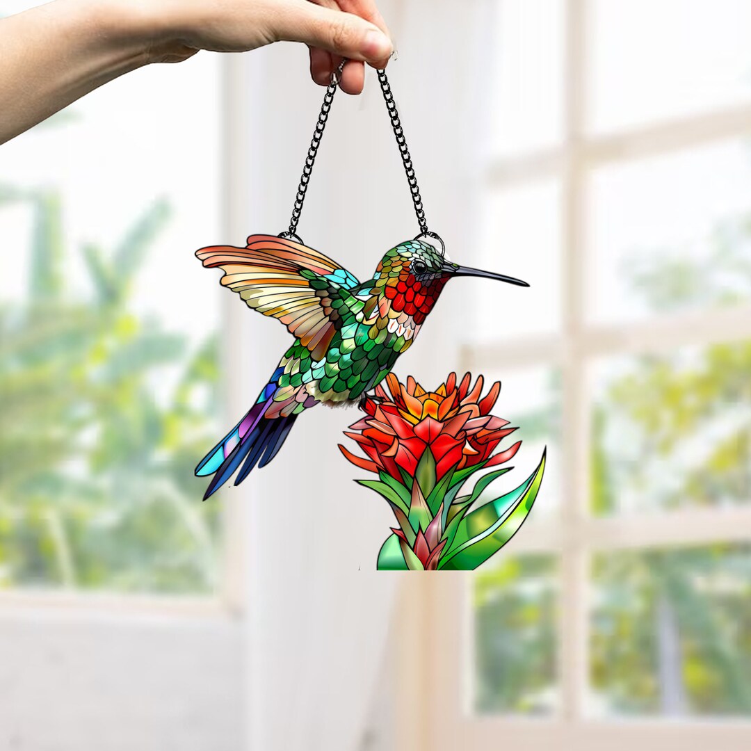 Humming Bird Window Decor, Acrylic Humming Bird With Hot Red Poker ...