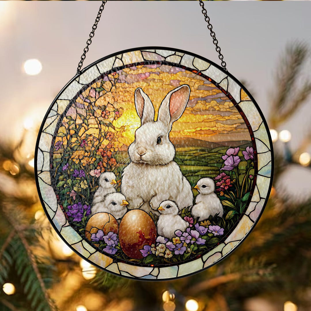 Bunny Easter's Day Stained Glass, Egg Easter Stained Glass Suncatcher ...