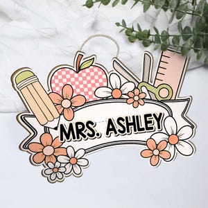 Personalized Teacher Name Door Sign, Floral Apple Classroom Decor, Back ...
