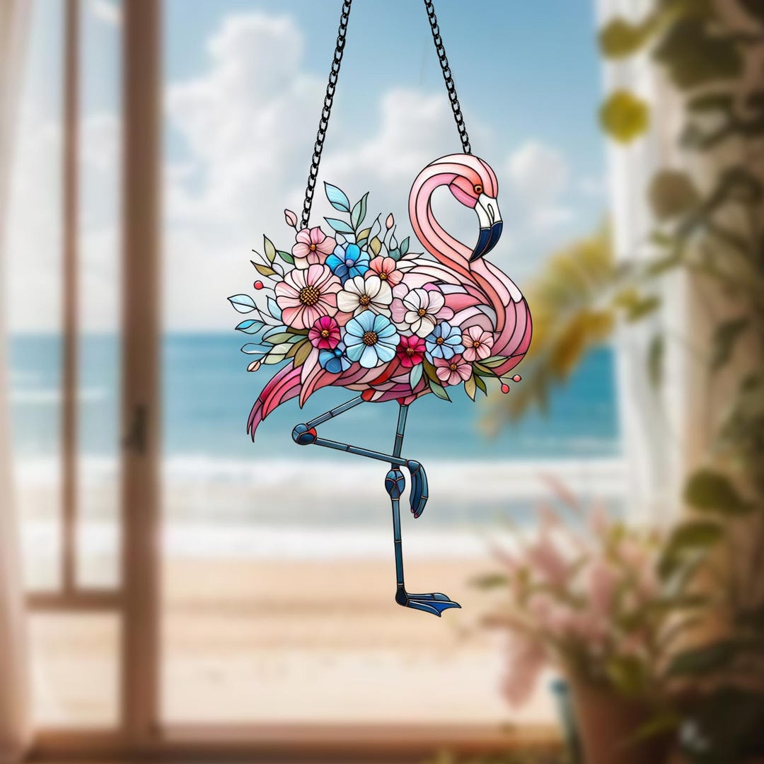 Pink Flamingo Window Hanging, Sunset Lotus Flowers, Acrylic Window ...