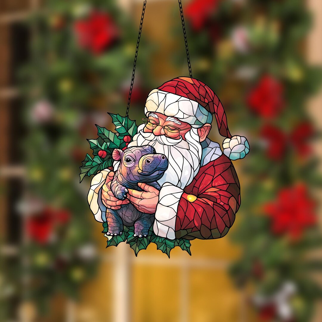 Santa Claus and Moo Deng Christmas ACRYLIC Window Hanging, Cute Hippo ...